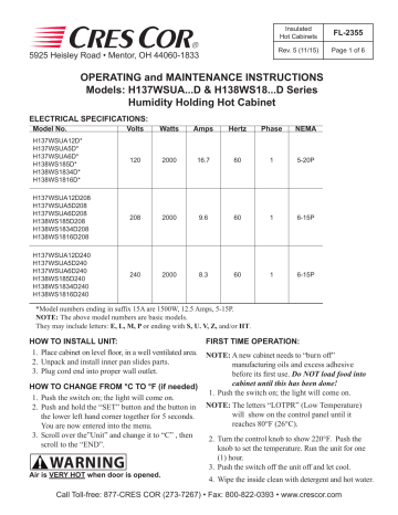 Cres Cor H-138-WS-1834D Hot Cabinet Owner Manual | Manualzz