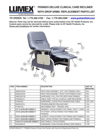 LUMEX Deluxe Clinical Care Recliner FR566DG Service Parts Guide | Manualzz