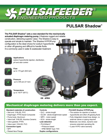 Pulsafeeder Pulsar Shadow Data Sheet | Manualzz