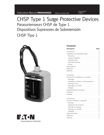 Eaton CHSP Type 1 surge protective devices Owner's Manual | Manualzz