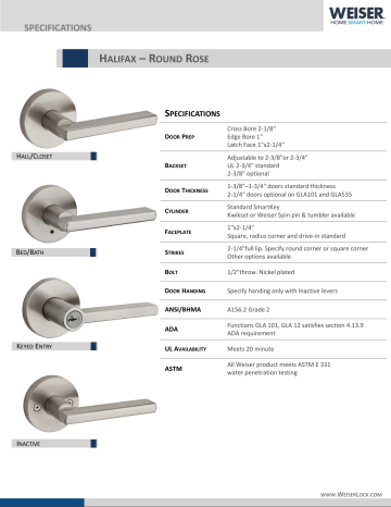 Weiser WEB143 Halifax Round Rose Lever Specification | Manualzz