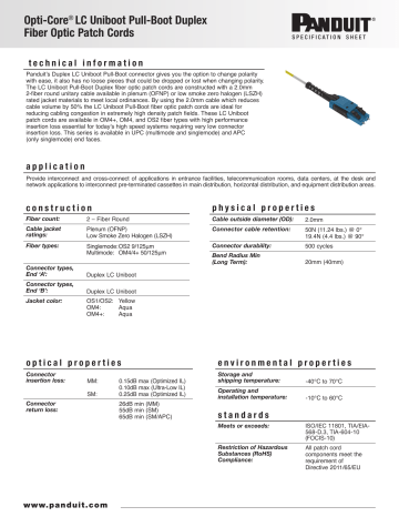 Panduit FZ2RPU1U1ONM015 LC Patch Cord Specification Sheets | Manualzz