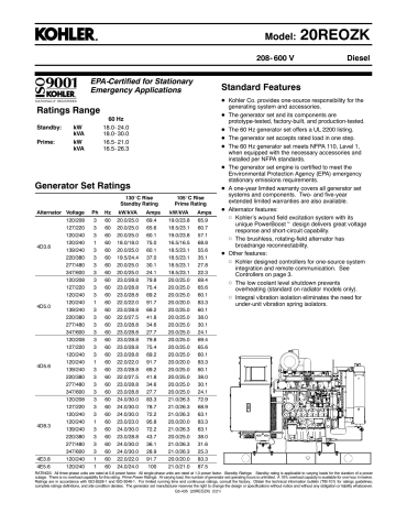 Kohler 20REOZK Industrial Diesel Generator Specification Sheet | Manualzz