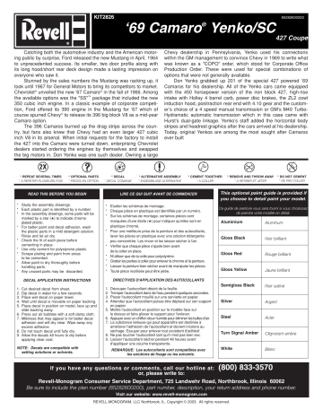REVELL 69 Camaro Yenko/SC 427 Coupe Assembly Manual | Manualzz