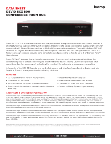Biamp Devio SCX-800 Conference Room Hub Data Sheet | Manualzz