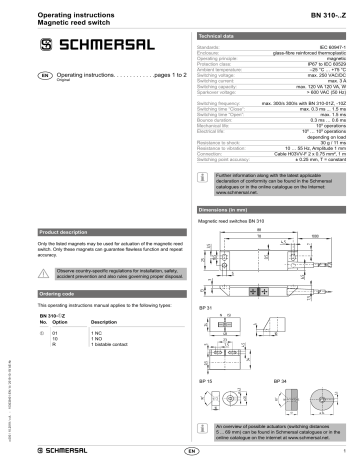 Schmersal BN 310-RZ Magnetic reed switch Operating Instructions | Manualzz