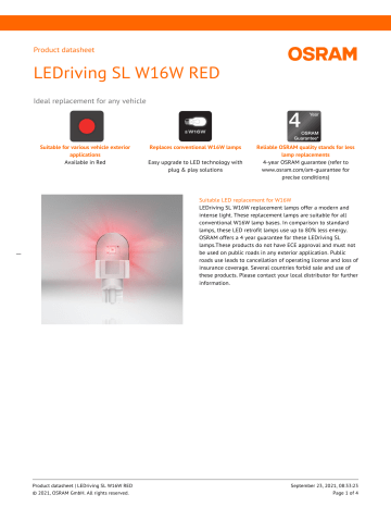 Osram LEDriving SL W16W RED Data Sheet | Manualzz