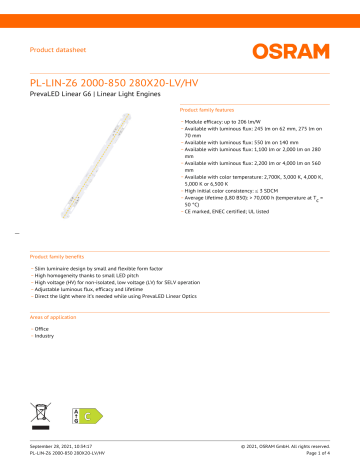 Osram PL-LIN-Z6 2000-850 280X20-LV/HV Data Sheet | Manualzz