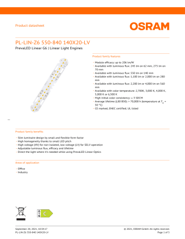 Osram PL-LIN-Z6 550-840 140X20-LV Data Sheet | Manualzz