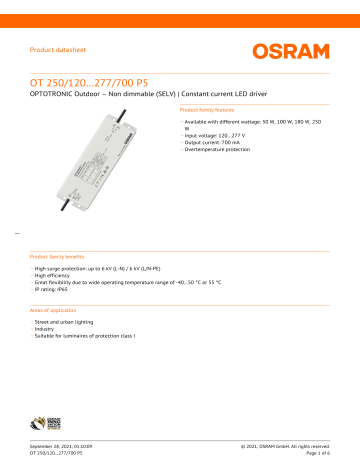 Osram OT 250/120…277/700 P5 Data Sheet | Manualzz