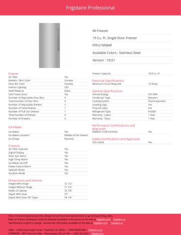 Frigidaire FPFU19F8WF 33 Inch Freezer Column Spec Sheet | Manualzz