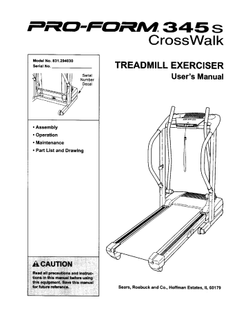 Proform 831294030 Crosswalk 345S Treadmill Owner's Manual | Manualzz