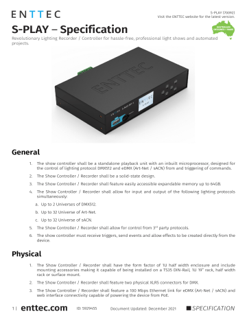 Enttec S-PLAY Smart light show controller Specification | Manualzz