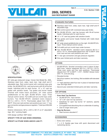Vulcan-Hart 260L Quick Manual | Manualzz