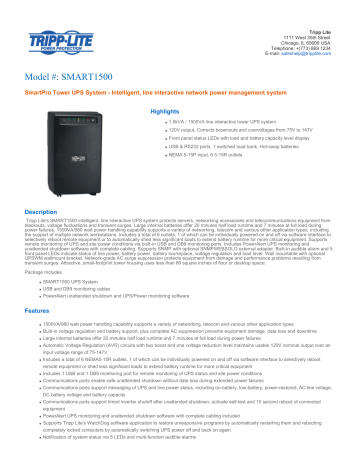 Tripp Lite SmartPro SMART1500 Specification Sheet | Manualzz