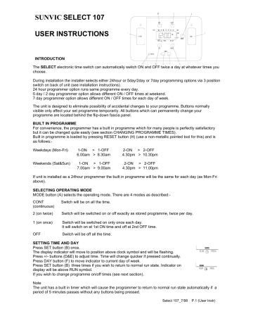 Sunvic SELECT 107 User Instructions | Manualzz