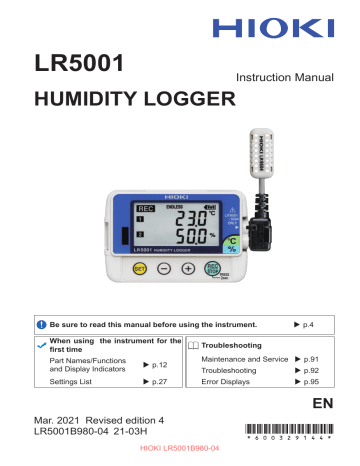 Hioki HUMIDITY LOGGER LR5001 Instruction Manual | Manualzz
