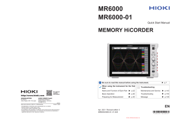 Hioki MEMORY HiCORDER MR6000,MR6000-01 Quick Start Manual | Manualzz