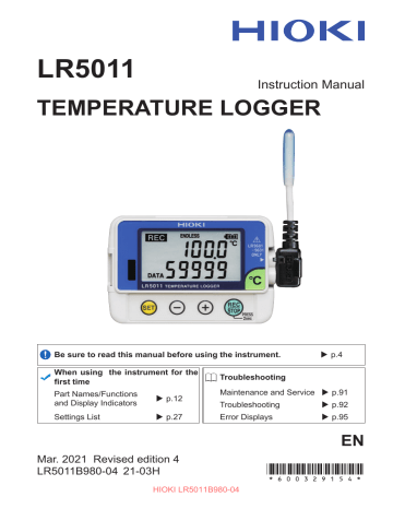 Hioki TEMPERATURE LOGGER LR5011 Instruction Manual | Manualzz