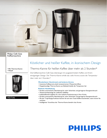 Philips HD7546/22 Café Gaia Kaffeemaschine Produktdatenblatt | Manualzz