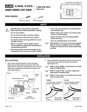 Uline Hard Wired Exit Sign Mode d'emploi | Manualzz