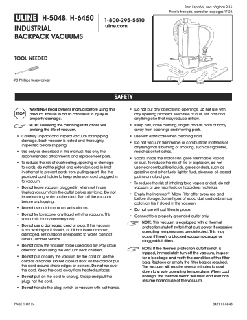 ULINE Industrial Backpack Vacuums User Manual | Manualzz
