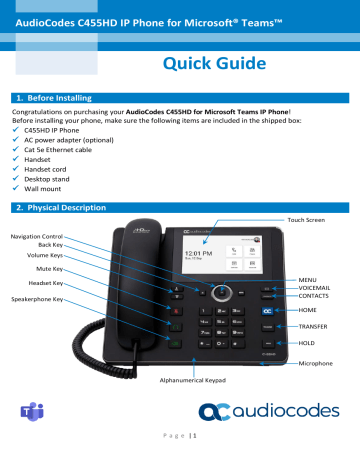 AudioCodes C455HD Microsoft Teams IP Phone User Guide | Manualzz