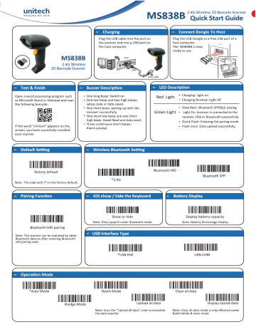 unitech MS838B 2.4G Wireless 2D Barcode Scanner User Guide | Manualzz