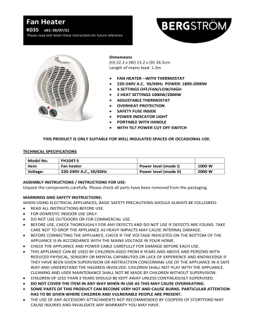 BERGSTROM K035 Fan Heater User Guide | Manualzz