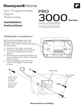 Honeywell TH3110D1008 Non Programmable Digital Thermostat Instruction ...