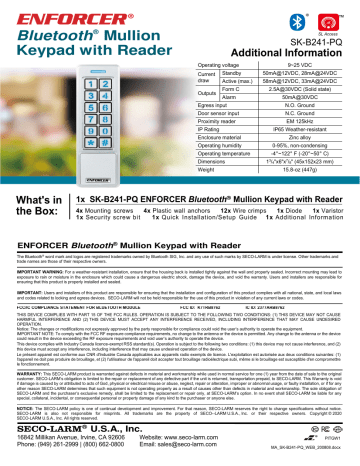 ENFORCER Bluetooth Mullion Keypad User Manual | Manualzz