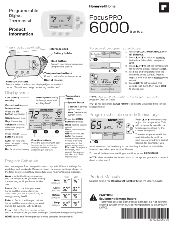 Honeywell FocusPRO 6000 Series Programmable Digital Thermostat Instruction manual | Manualzz