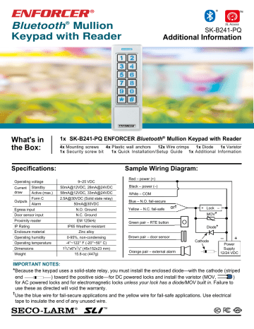 ENFORCER SK-B241-PQ Bluetooth Mullion Keypad User Manual | Manualzz