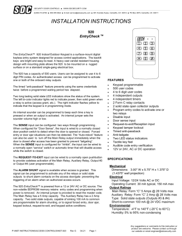SDC 920 Entry Check Digital Keypad Installation Guide | Manualzz