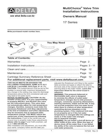 Delta 17 Series 107529 MultiChoice Valve Trim Owner’s Manual | Manualzz