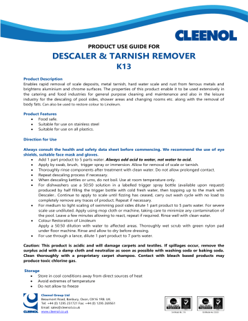 CLEENOL K13 Descaler and Tarnish Remover User Manual | Manualzz