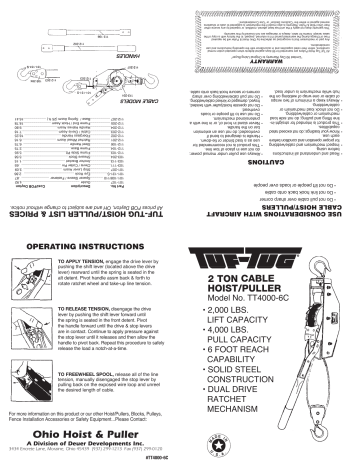 TUF-TUG TT4000-6C 2 Ton Cable Hoist/Puller Instruction manual | Manualzz