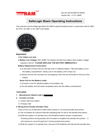 SecuRAM SafeLogic Basic EC-0601A Series EntryPad Instruction manual ...