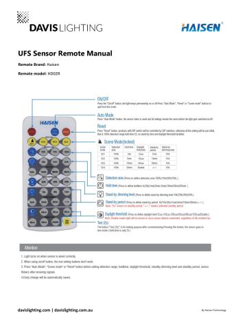 HAISEN HD02R UFS Sensor Remote User Guide | Manualzz