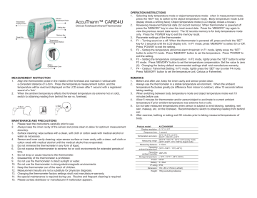 ACCUTHERM CARE4U Clinical Forehead Infrared Thermometer Instruction manual | Manualzz