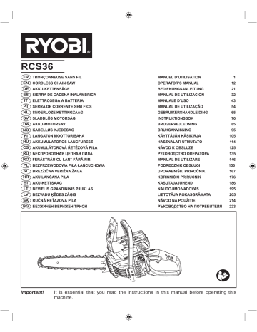 RYOBI RCS36 Cordless Chainsaw 36V Li-Ion Instruction manual | Manualzz