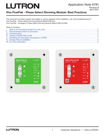 Lutron Vive PowPak Phase Select Dimming Module User Manual | Manualzz