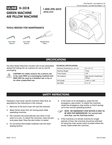 ULINE H-3518 Green Air Pillow Machine Instruction manual | Manualzz
