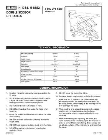 ULINE H-1784/H-8152 Double Scissor Lift Tables User Manual | Manualzz