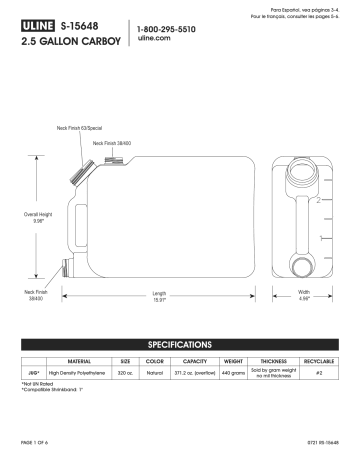 Uline S-15648 2.5 Gallon Carboy Mode d'emploi | Manualzz