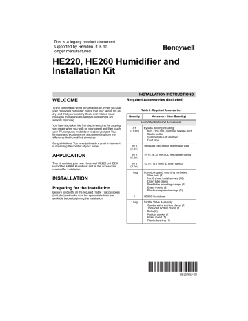 Honeywell HE220, HE260 Humidifier Installation Guide | Manualzz