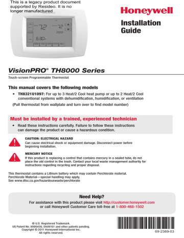 Honeywell VisionPRO TH8000 Series Installation Guide | Manualzz