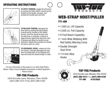 TUF-TUG Web Strap Hoist Puller TT1-8W Instruction manual | Manualzz