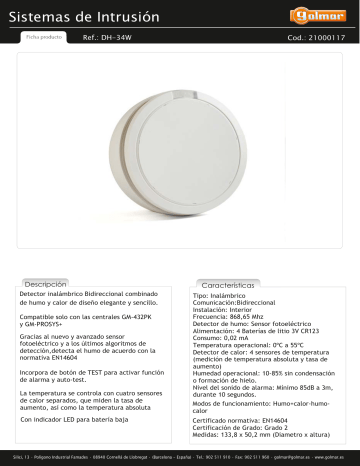 Golmar DETECTOR DE HUMO Y CALOR VR BIDI.TETRASENS DH-34W Ficha de datos ...