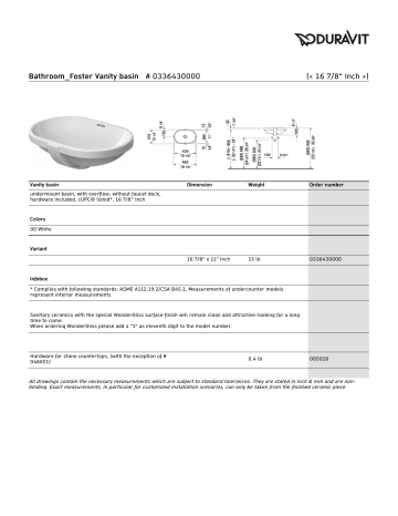 Duravit 033643 Bathroom_Foster Vanity basin Specification | Manualzz